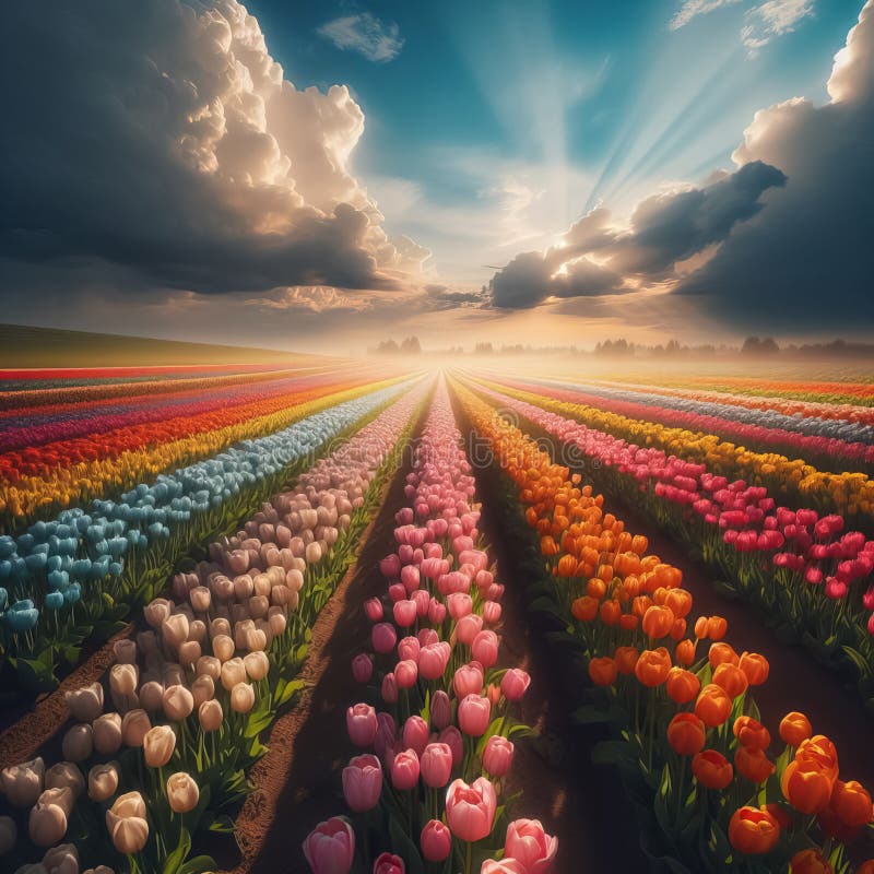 A Field of Tulips in Different Colors. Generative AI Stock Illustration ...
