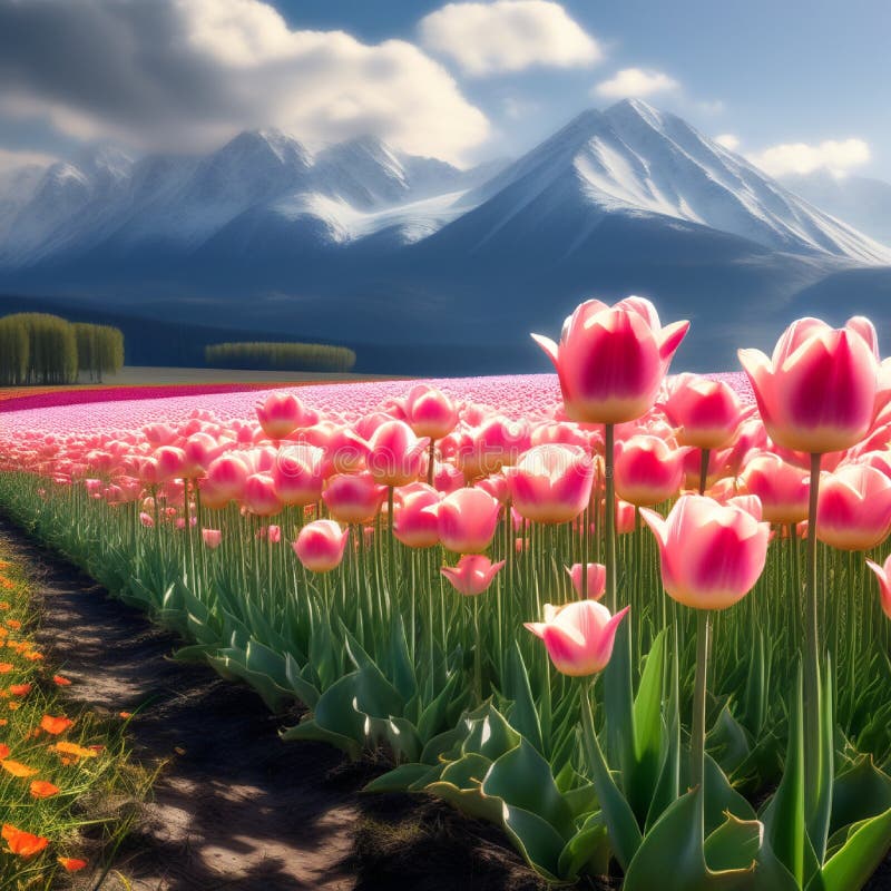 A Field of Tulips with a Mountain Backdrop Trending on Artstation Sharp ...