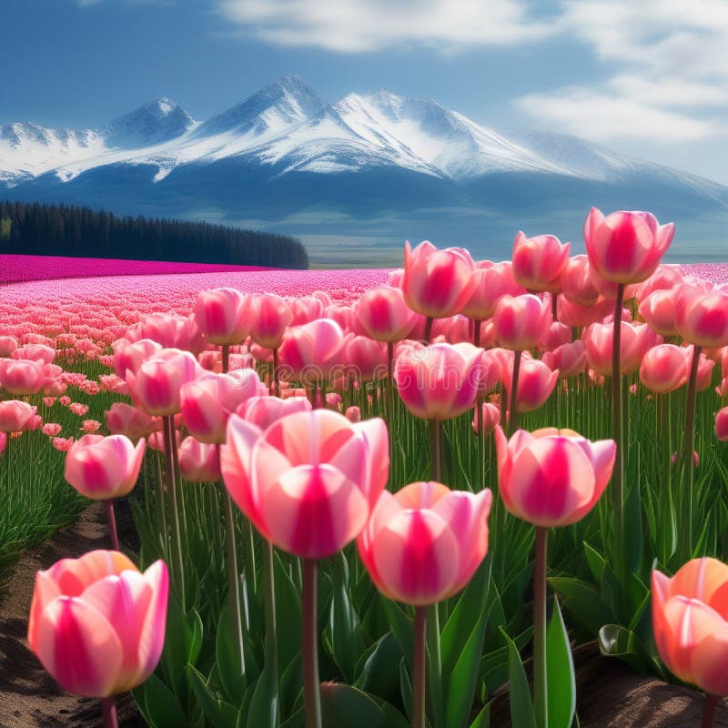 A Field of Tulips with a Mountain Backdrop Trending on Artstation Sharp ...