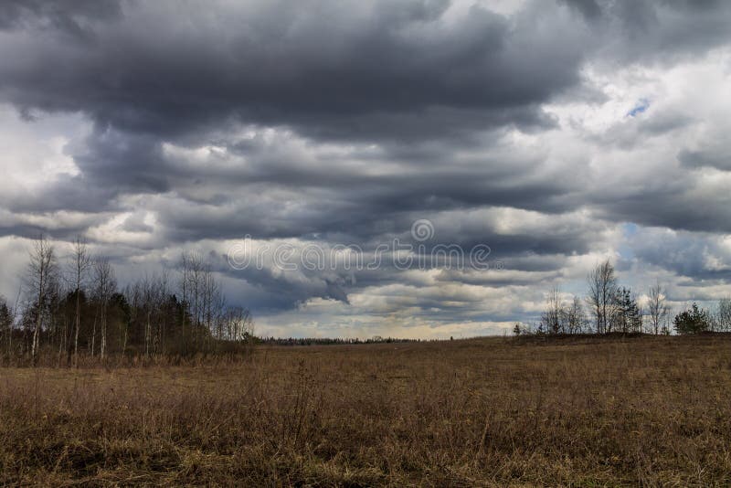 Field under cloudy sky stock photo. Image of gloomy, meadow - 53758266