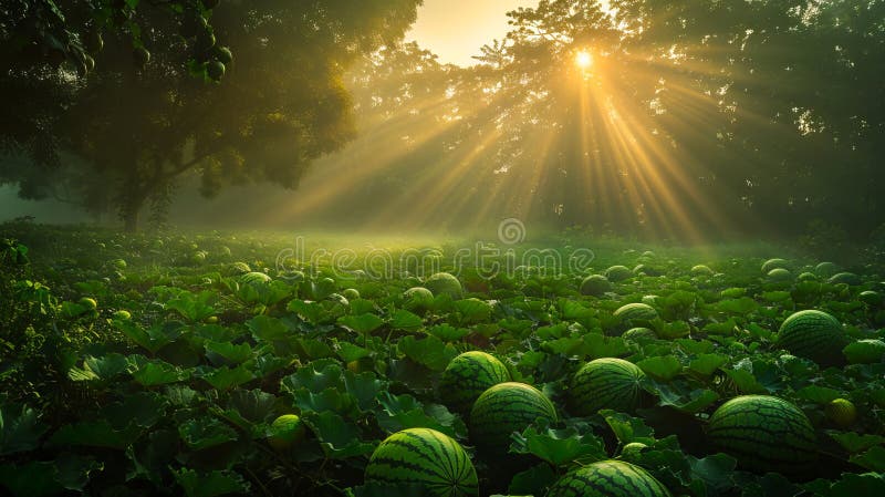A Field of Watermelons with the Sun Shining through the Trees Stock ...