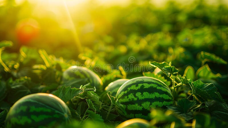 A Field of Watermelons in the Sunlight with the Sun Shining through the ...