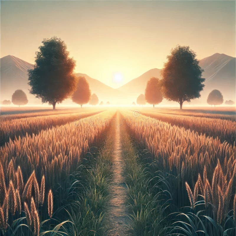 A Field of Wheat at Dawn with Trees. Stock Image - Image of farmland ...