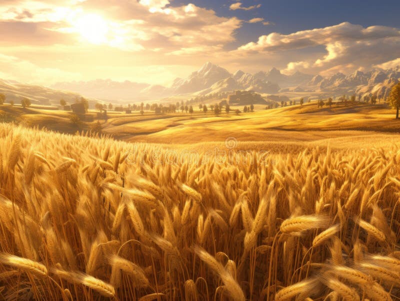A Field of Wheat with Mountains in the Background Stock Illustration ...