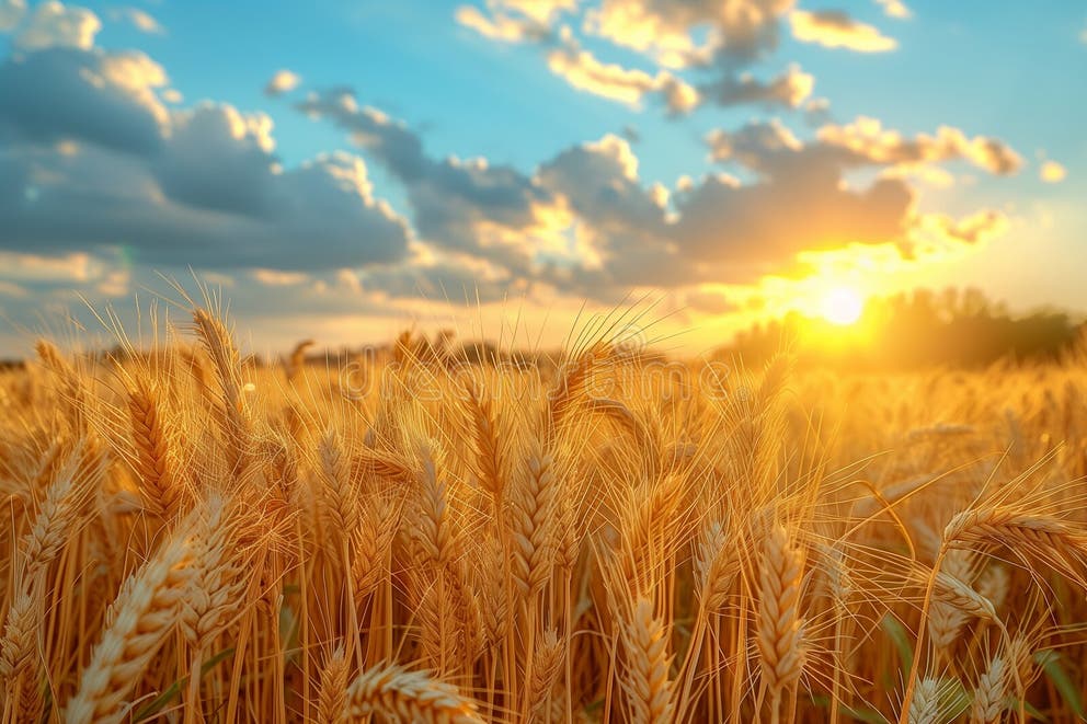 A Field of Wheat with the Sun Setting in the Background Stock Image ...