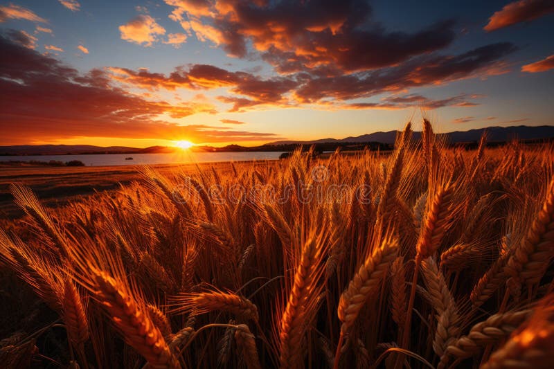 A Field of Wheat with the Sun Setting in the Background Stock Image ...