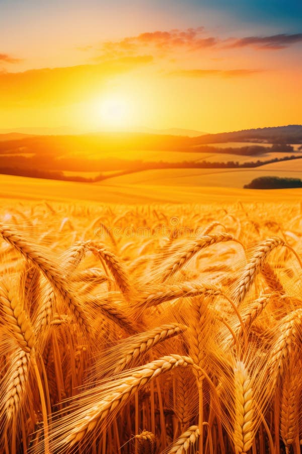 A Field of Wheat with the Sun Setting Stock Illustration - Illustration ...