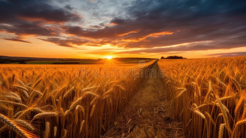 A Field of Wheat with a Sunset in the Background Stock Image - Image of ...