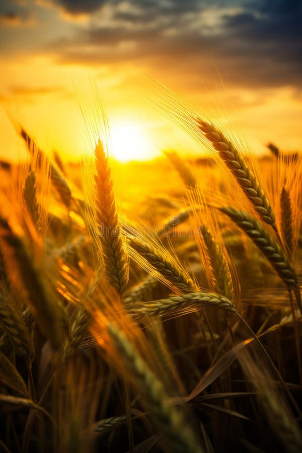 Field of Wheat at Sunset with the Sun Shining through the Clouds ...