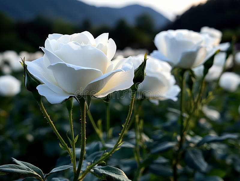 A Field of White Roses with Mountains in the Background Stock Photo ...
