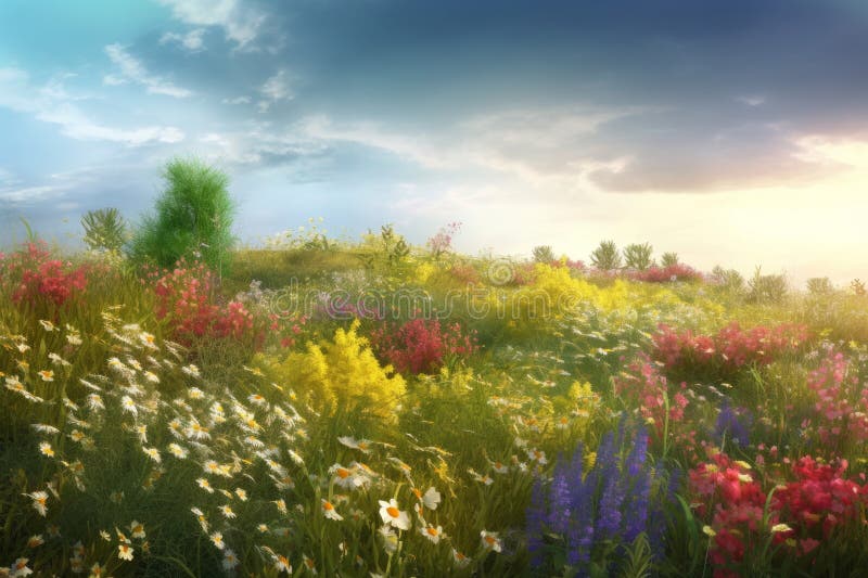 Field of Wild Flowers on Sunset. Generate Ai Stock Illustration ...
