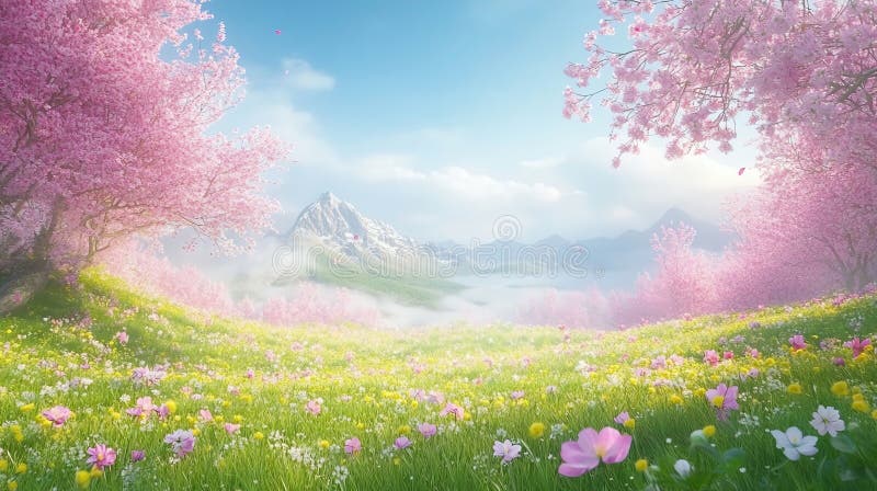 A Field of Wildflowers Mixed with Cherry Blossoms, Bright and Cheerful ...
