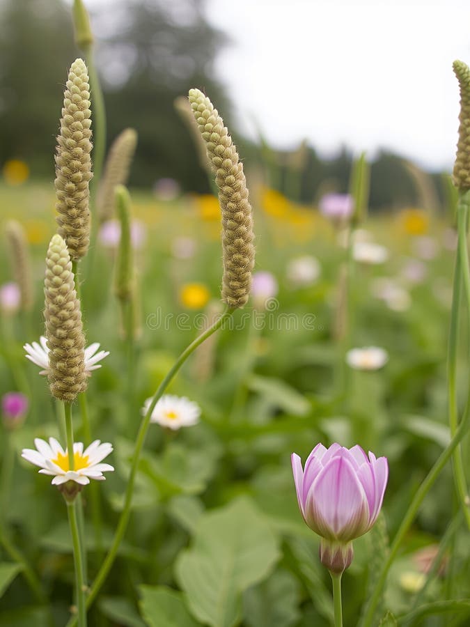 A Field of Wildflowers with a Single Pink Flower in Focus Stock ...