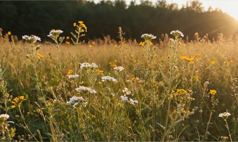 Field Wildflowers with the Sun Shining through Trees Stock Illustration ...