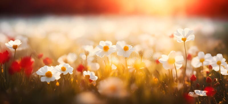 Field of Wildflowers at Sunset Closeup Image. AI Generated Illustration ...