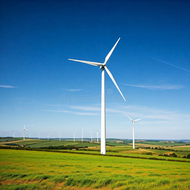 A Field of Wind Turbines Generating Clean Energy Under a Bright Blue ...