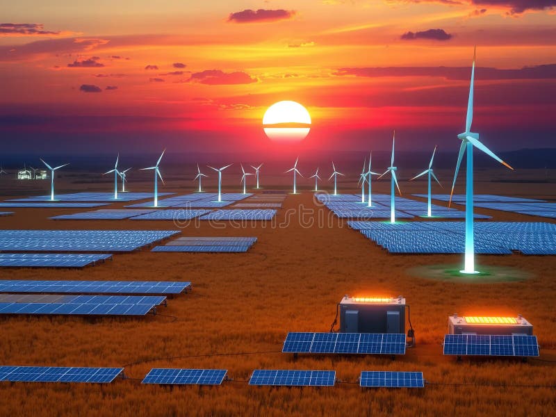 A Field of Wind Turbines with a Large Sun in the Background AI ...
