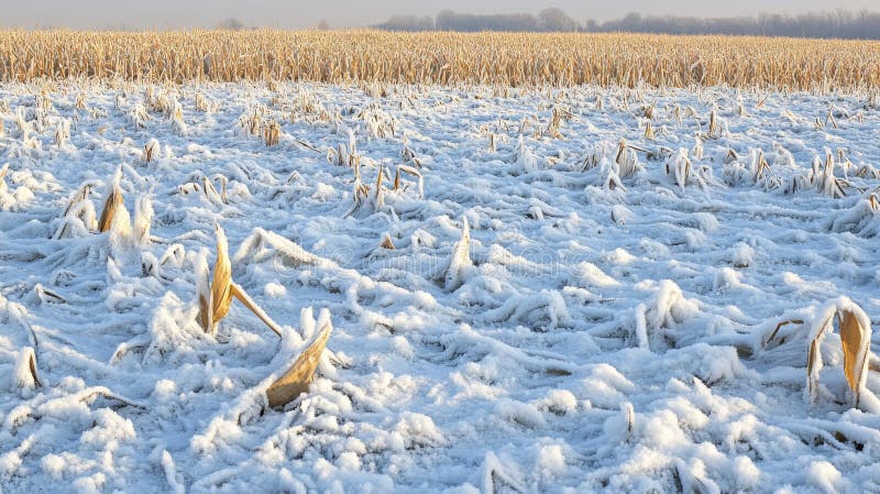 A Field of Withered Corn Stalks Covered in Frost and Snow Stock ...
