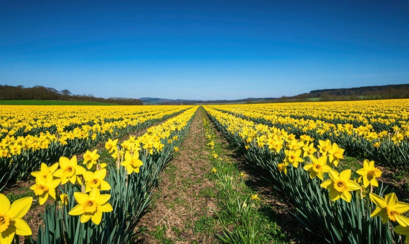 A Field of Yellow Daffodils with a Blue Sky in the Background Stock ...