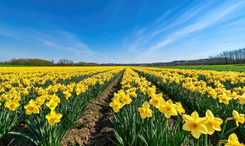 A Field of Yellow Daffodils with a Blue Sky in the Background Stock ...