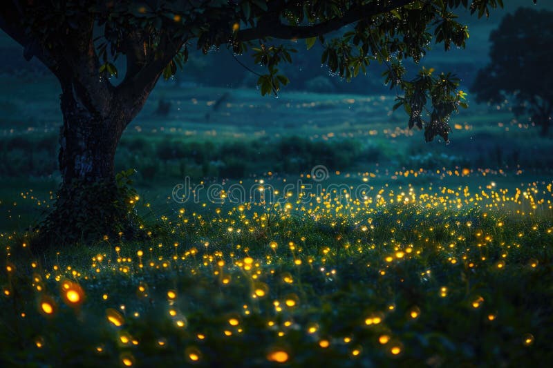 A Field of Yellow Fireflies Glowing Under a Tree at Night Stock Photo ...
