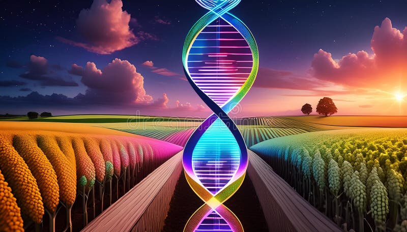 A Field of Yellow Flowers with a Glowing DNA Strand Stock Illustration ...