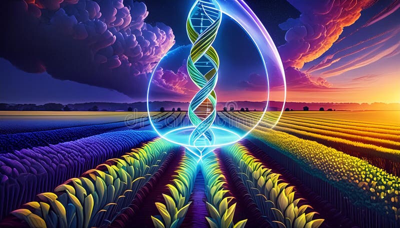 A Field of Yellow Flowers with a Glowing DNA Strand Stock Illustration ...