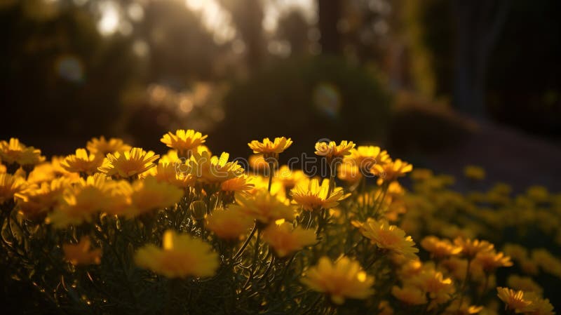 A Field of Yellow Flowers with the Sun in the Background Stock ...