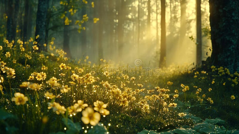 A Field of Yellow Flowers with Sunlight Streaming through the Trees in ...