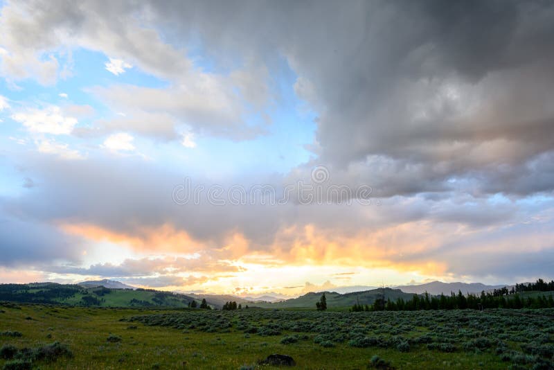 Field in Yellowstone with Bright Sunlight in Clouds Stock Photo - Image ...