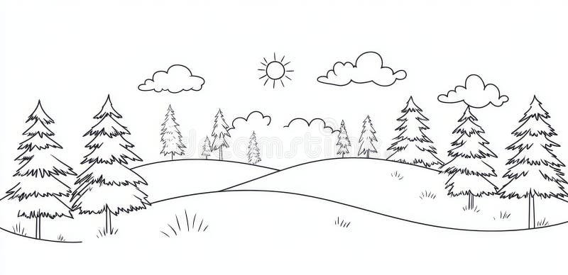 Field of Young Spruce Trees. Landscape with Continuous Line Drawing ...