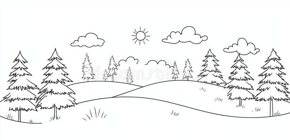 Field of Young Spruce Trees. Landscape with Continuous Line Drawing ...