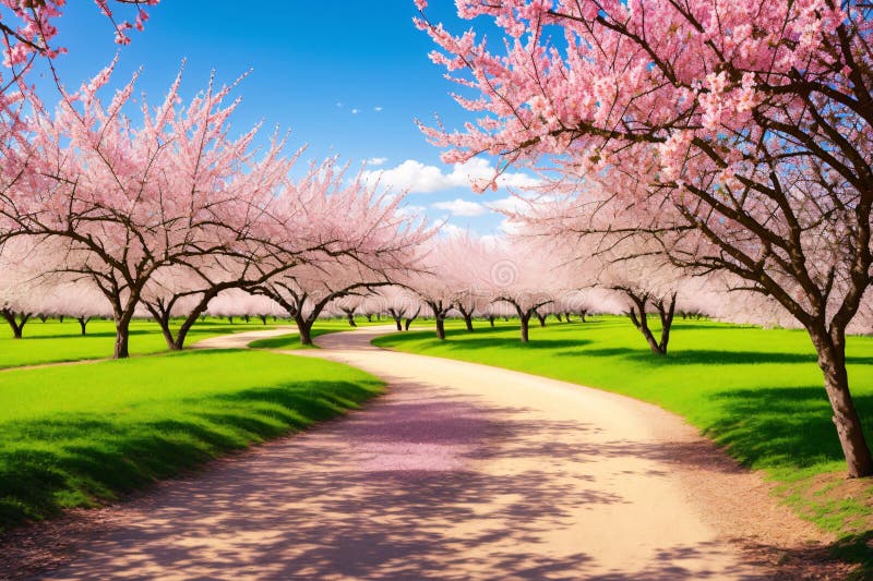 Fields of almond trees. stock illustration. Illustration of park ...