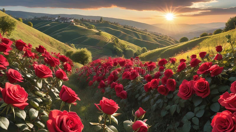 Fields of Bright Red Roses Stretch Along the Hillside. the Morning Sky ...