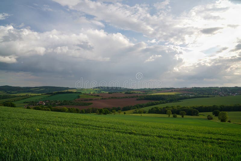 Fields with Green Grass. Blue Sky with Many Clouds. Rural Landscape. Hilly Area Stock Image ...