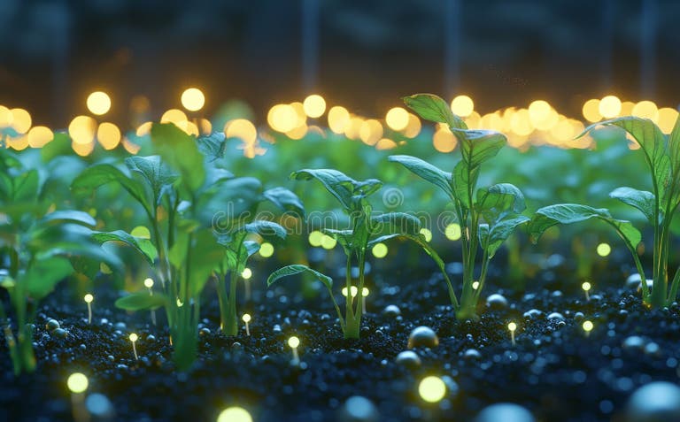 Fields of Green Plants Connected through Shimmering Digital AI Data ...