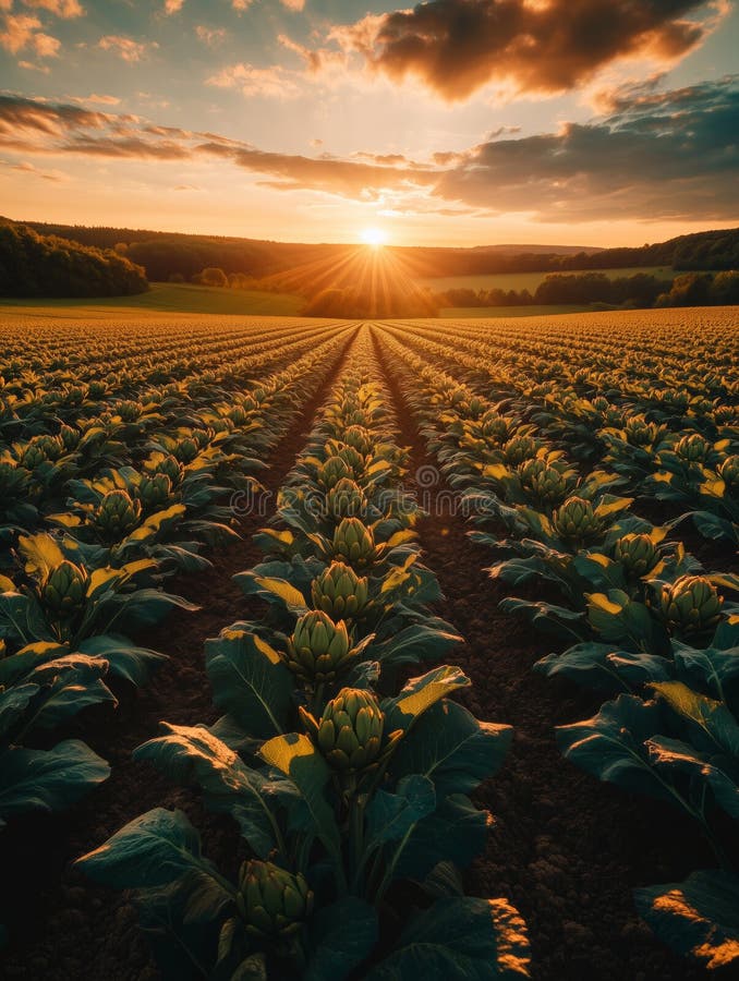Fields of Jerusalem Artichokes Basking in the Warm Glow of Sunset Stock ...
