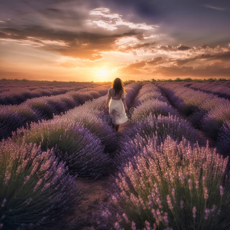 Fields of Lavender Sunset Woman Run, Generative AI Stock Illustration ...