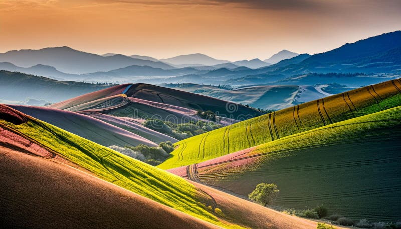 Fields and Meadows on Hills with Lines and Shapes Stock Illustration ...