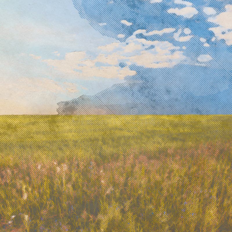In the Fields, Old Retro Background Stock Image - Image of drawing ...