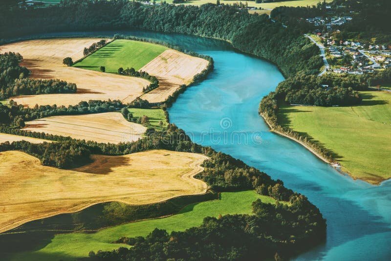 Fields and River Aerial View Rural Landscape Stock Photo - Image of ...