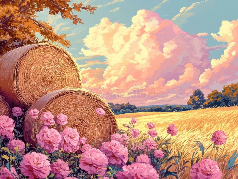 Fields with Round Hay Under Evening Sky and Warm Sunlight on Peaceful ...