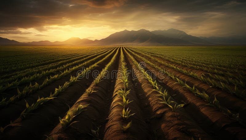The Fields Row in Front of a Sunset Stock Illustration - Illustration ...