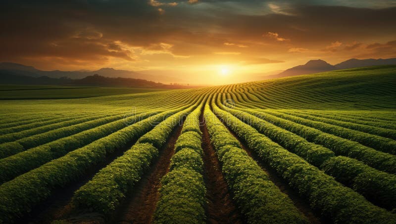 The Fields Row in Front of a Sunset Stock Illustration - Illustration ...