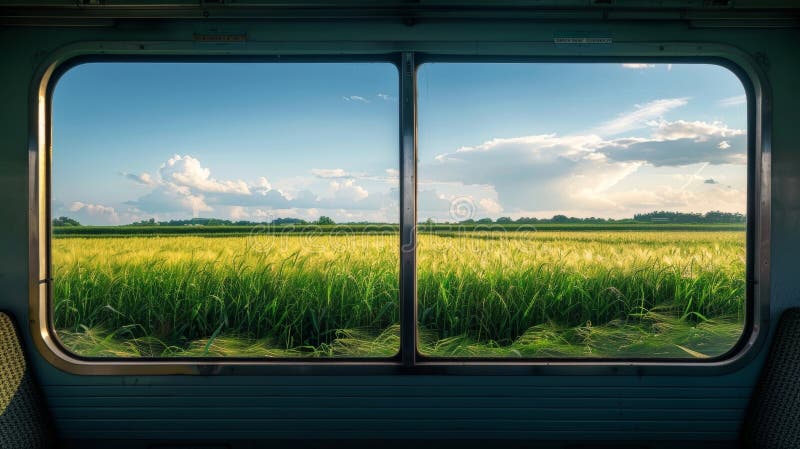 Fields of Wheat and Corn Create a Sea of Green Around the Train Stock ...