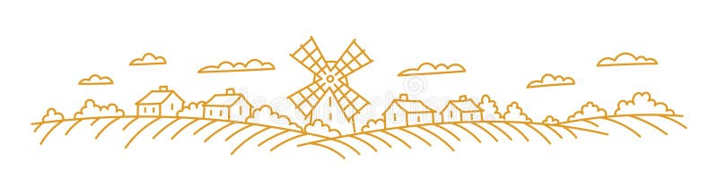 Fields with a Windmill Landscape. Vector Line. Editable Outline Stroke ...