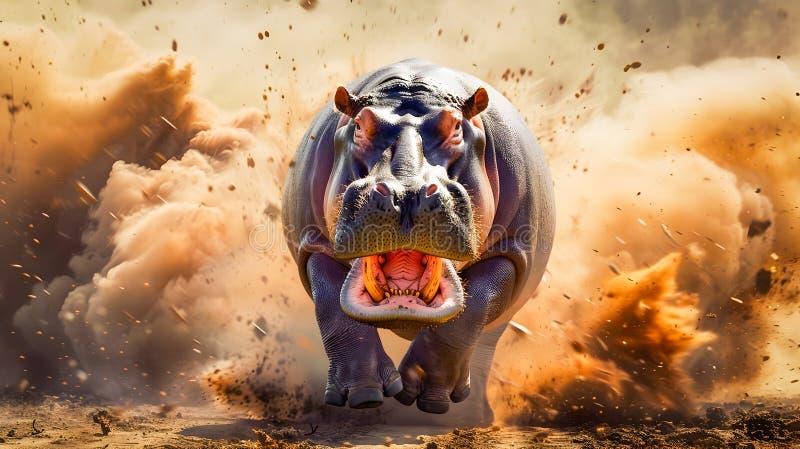 A Fierce and Angry Hippopotamus Opens Its Massive Mouth As it Charges ...