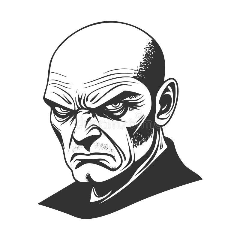 Fierce Bald Character with Angry Expression in Black and White ...