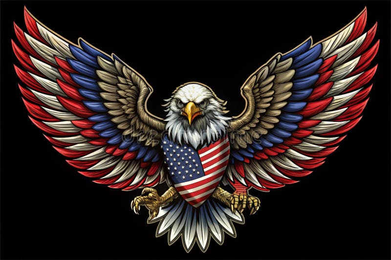 Fierce Bald Eagle Spread the Wings with American Flag Stock Illustration - Illustration of ...