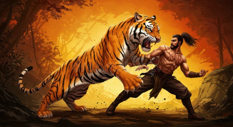 A Fierce Battle between a Warrior and a Tiger in a Vibrant Forest Stock ...